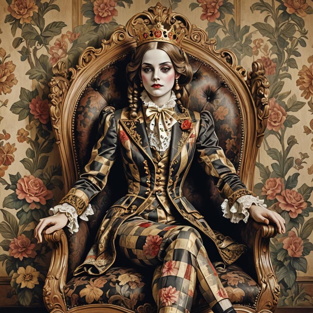 a beautiful harlequin princess with gold crown sitting cross legged on ...