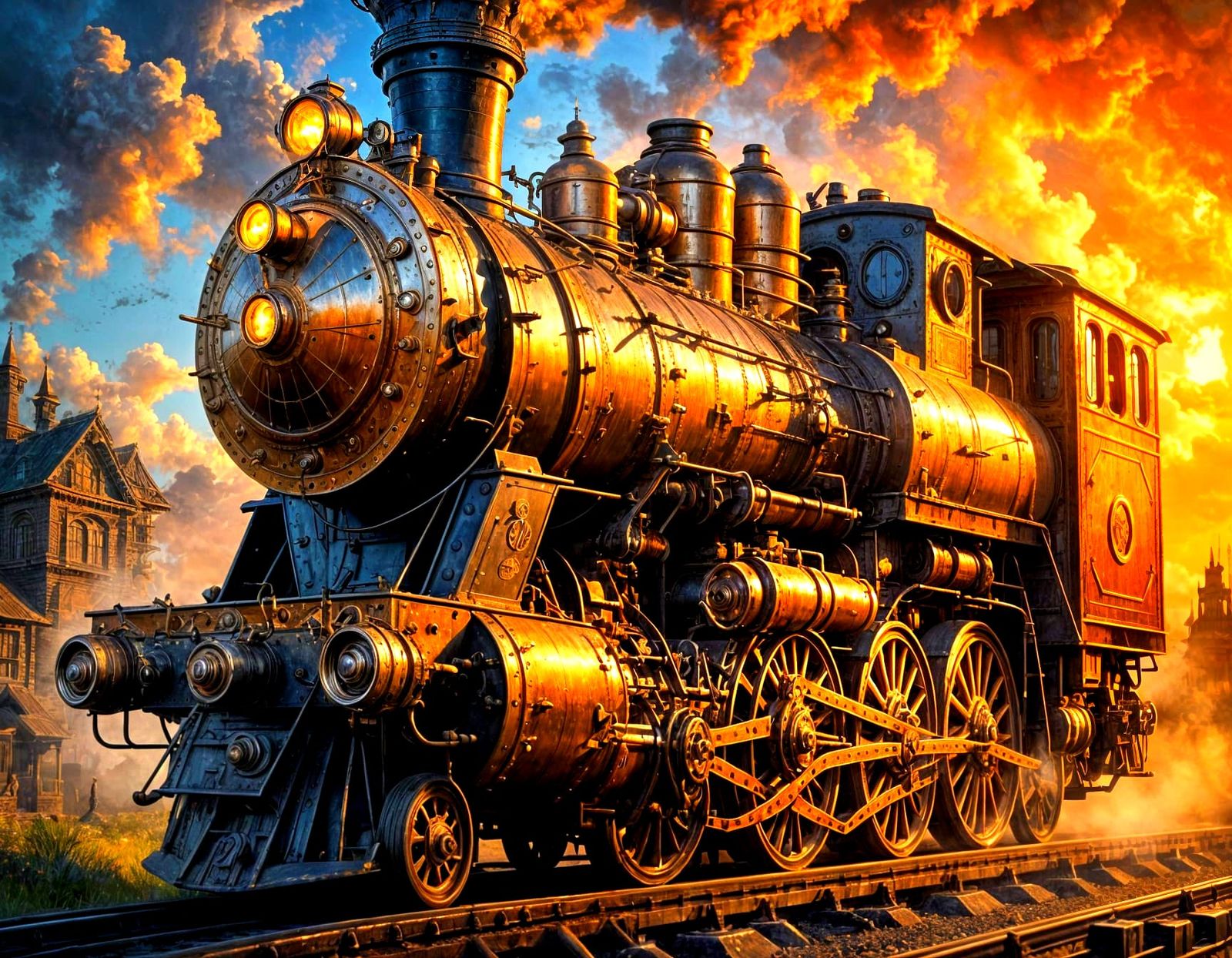 Steampunk Train Engine in Ethereal Midnight Fantas... - AI Art
