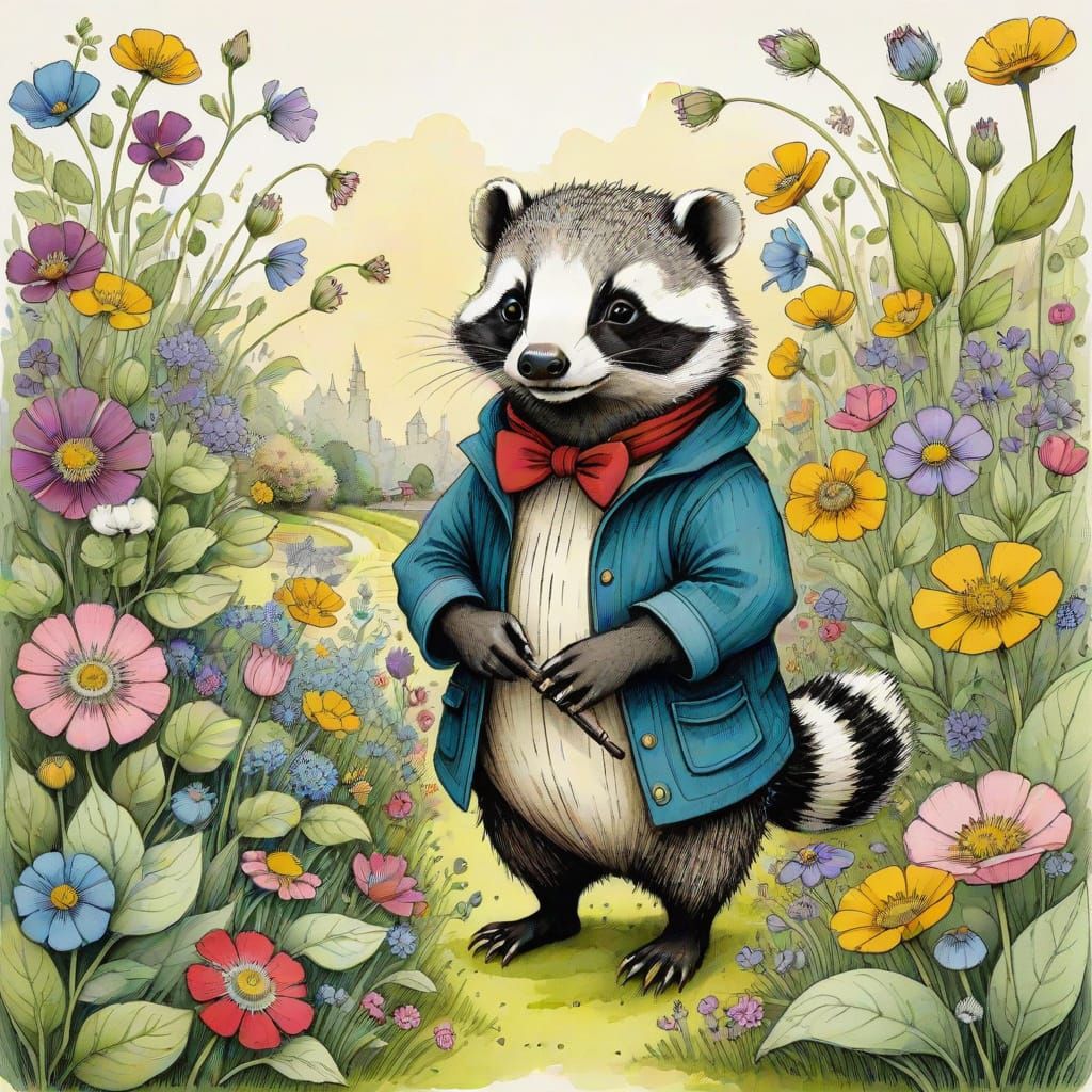 Mr Badger - Charming Whimsical Badger in a Quaint Flower Ga...