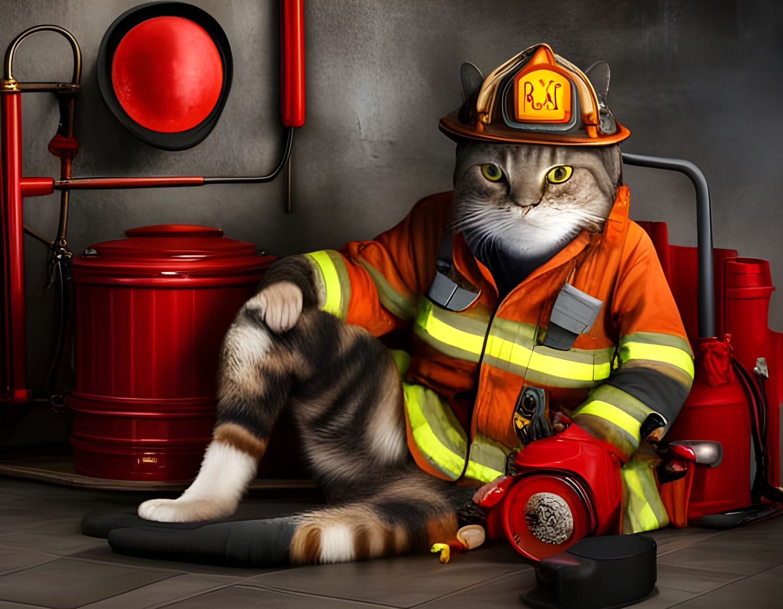 Firefirghter Cat taking a break - AI Generated Artwork - NightCafe Creator