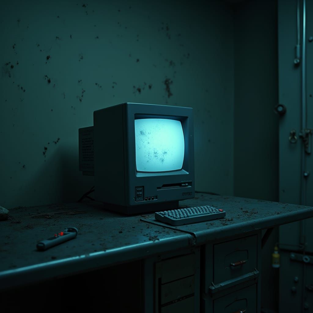 a computer in a dark palce - A Lone Computer Terminal in a F...