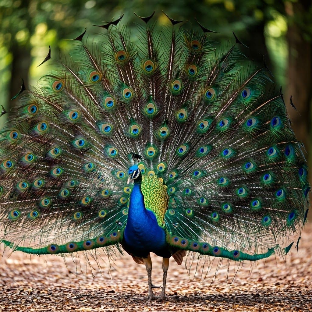 Peacock - Regal Peacock Displays Vibrant Plumage in Lush For...