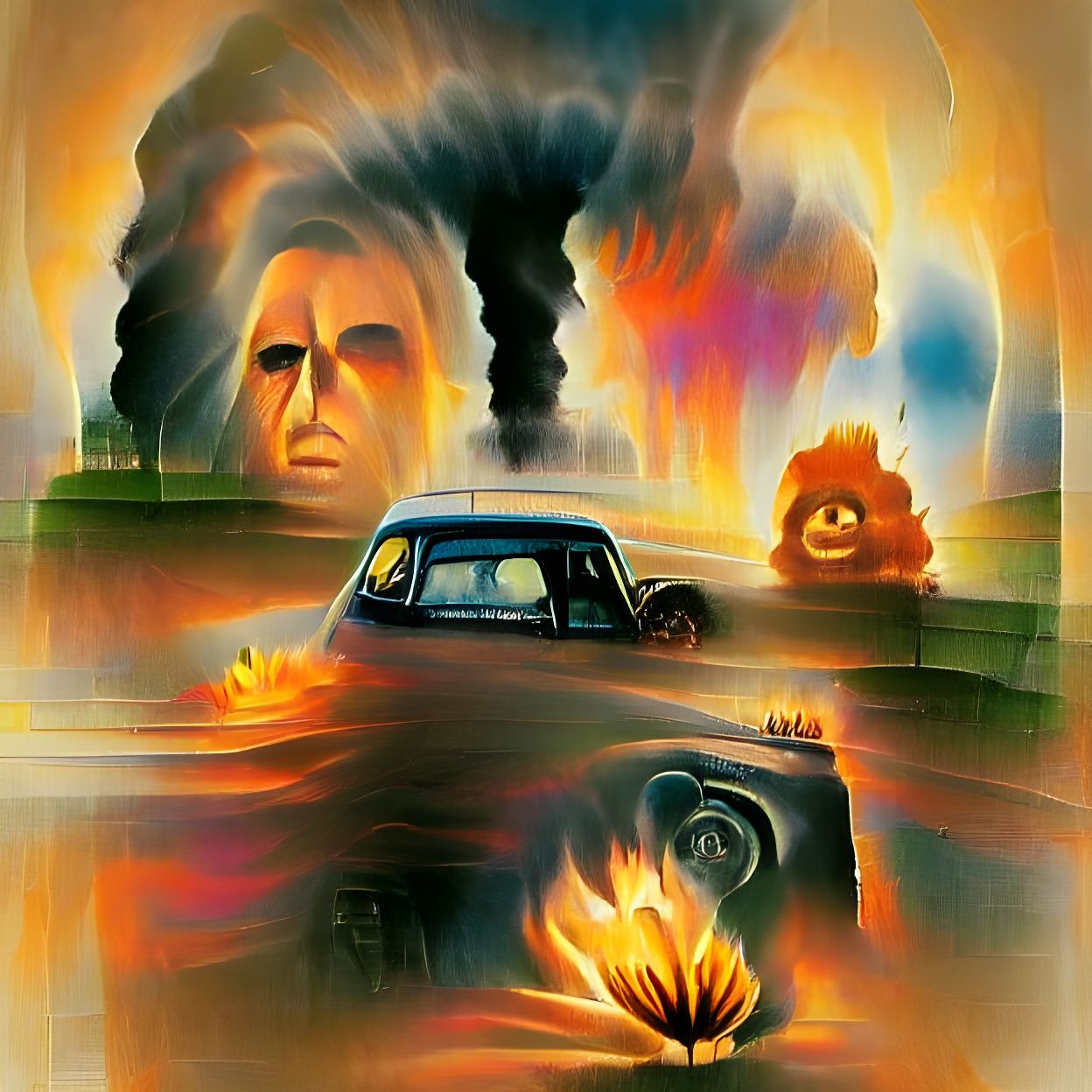 The car's on fire, and there's no driver at the wheel, and the sewers are all muddied with a ...