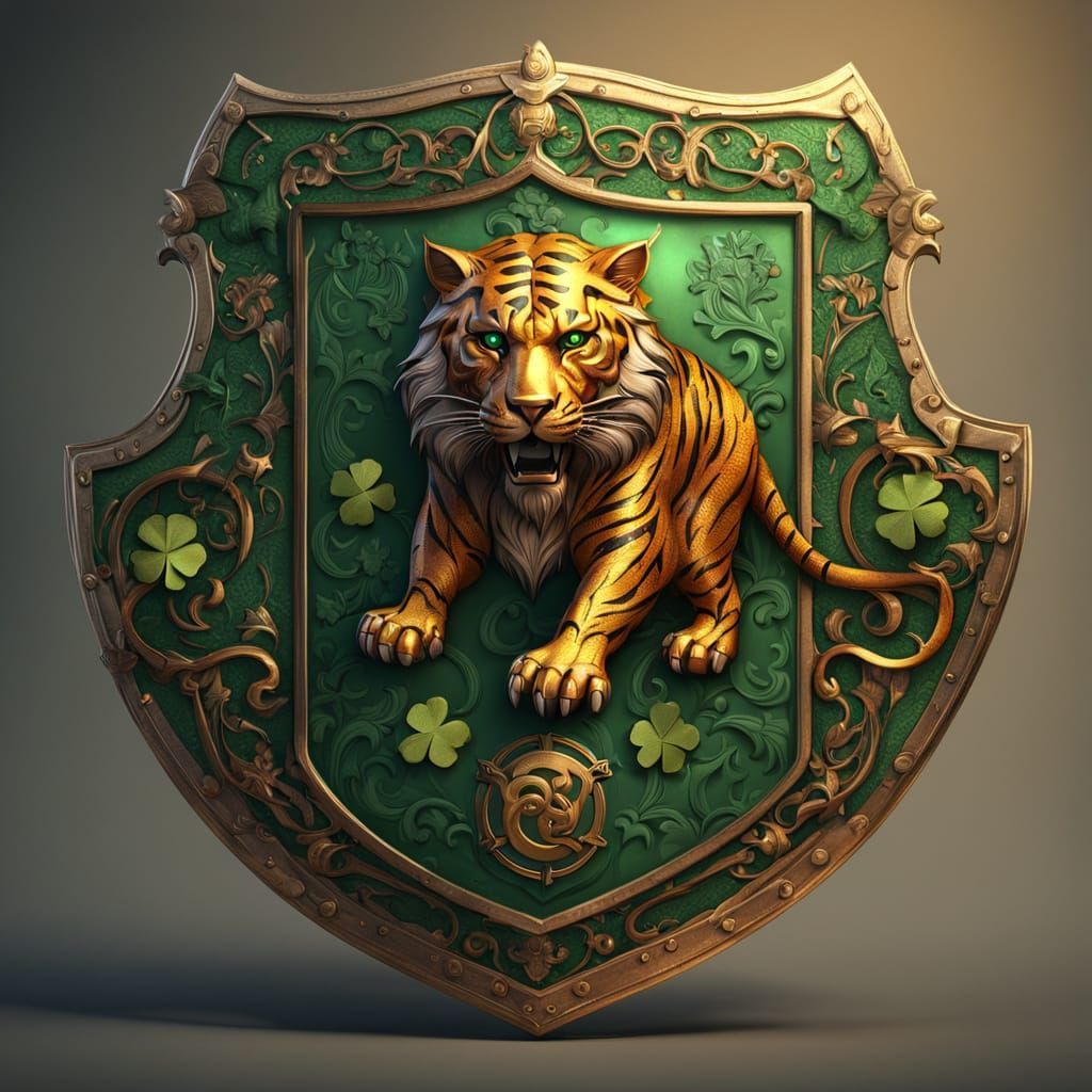Medieval Fantasy Shield with Tiger, Sword, and Eme... - AI Art