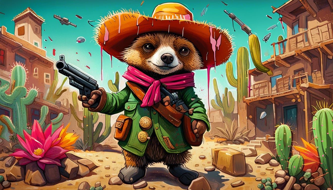 Gunfight paddington vs Many cactus in sambrero with guns as cartoon ...