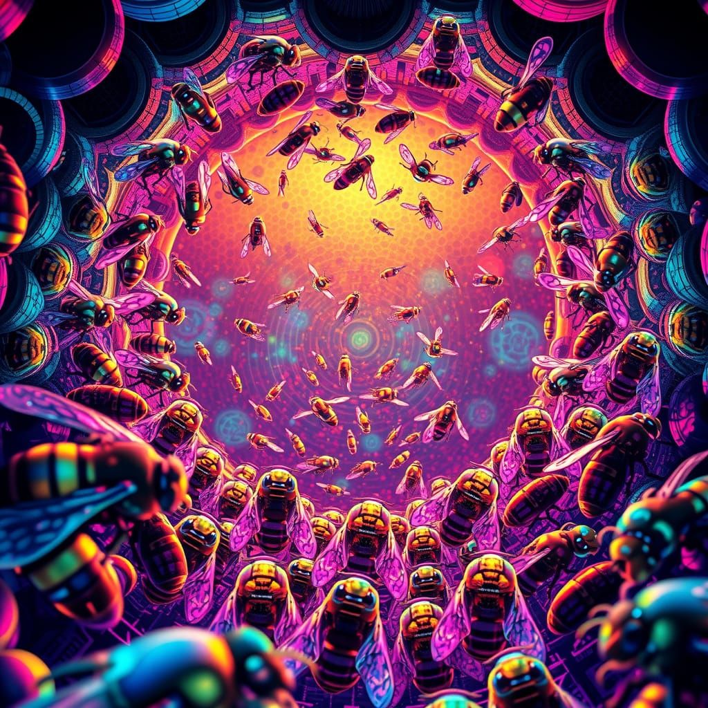 Futuristic robotic hive seen from inside