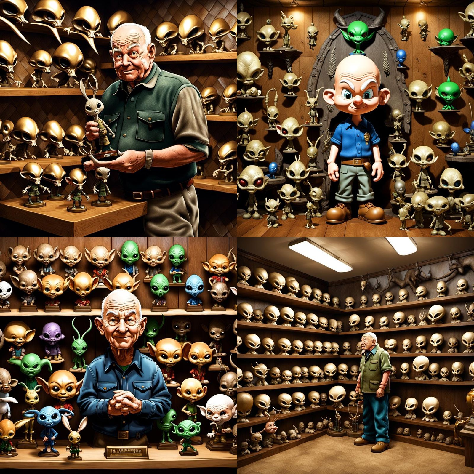 Elmer Fudd in his trophy room with Alien trophy heads on the wall - AI ...