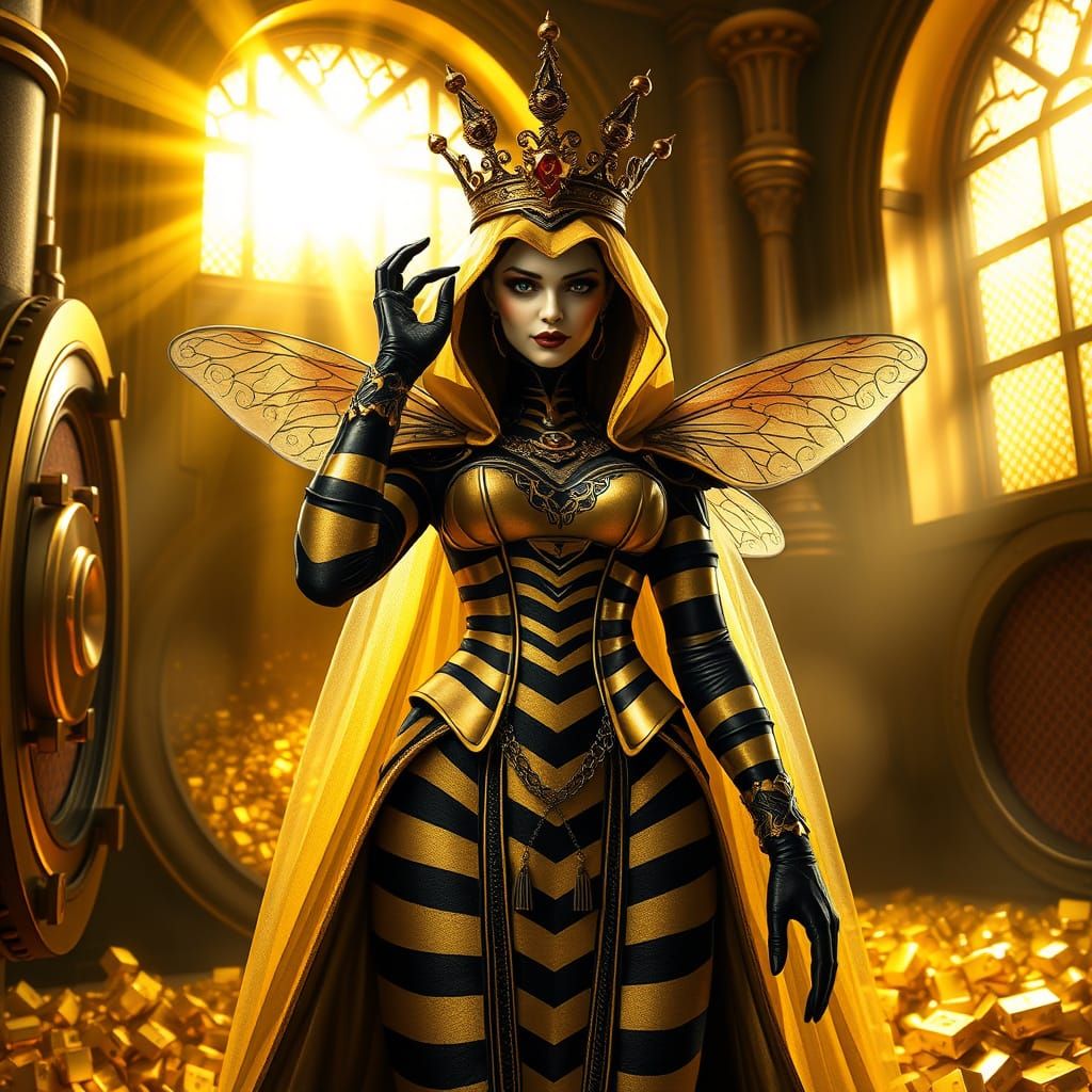 Elegant Evil Queen Bee Triumphs in Golden Heist - AI Art