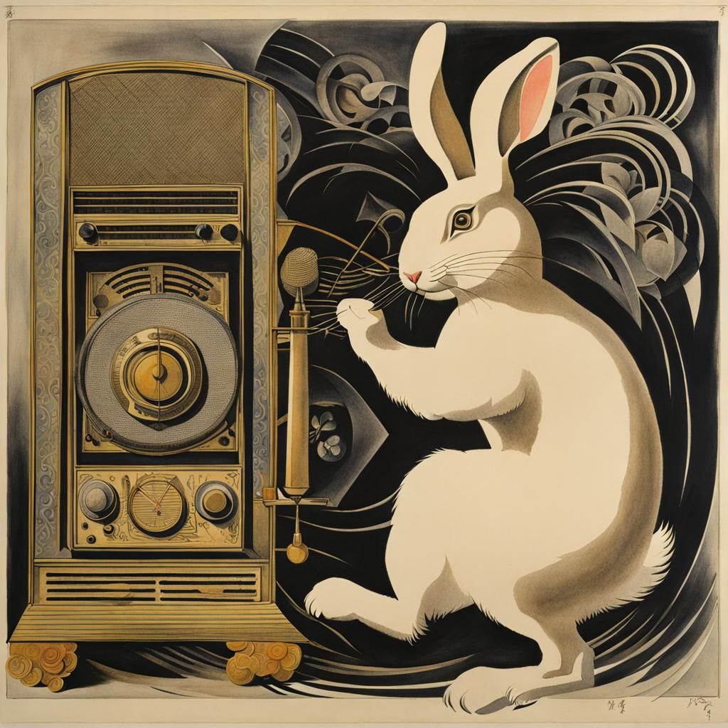 a rabbit turning up the volume on a radio, 1929 - AI Generated Artwork ...