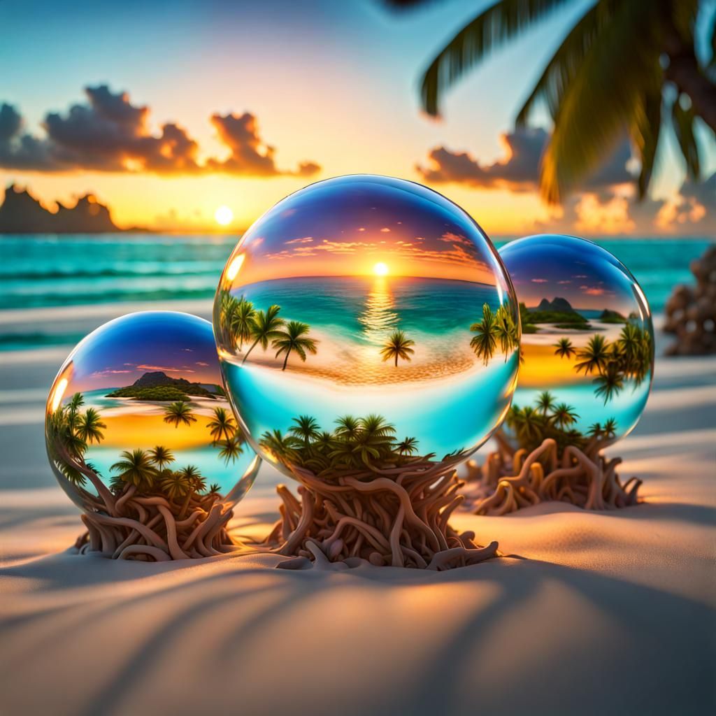 Three lensball glass orbs on the island tropical island beach paradise ...