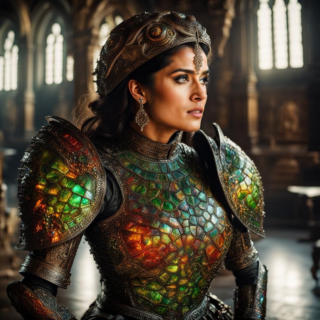 Salma Hayek in ornate ammolite turtle armor - AI Generated Artwork ...