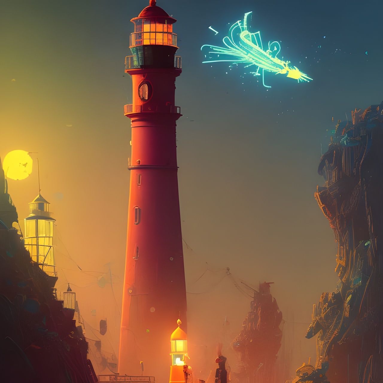 neon lighthouse Hyper-detailed masterpiece by Nate Simpson Buthcer ...