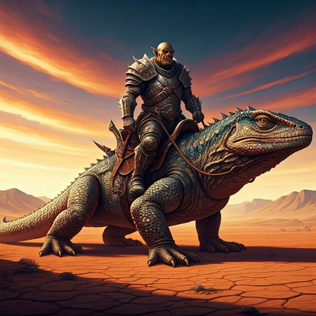 Orc Warrior Rides Lizard Across Desert Landscape - AI Art
