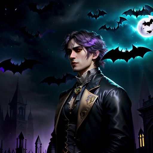 Fantasty male vampire under starry night sky with Full moon (bats:2 ...