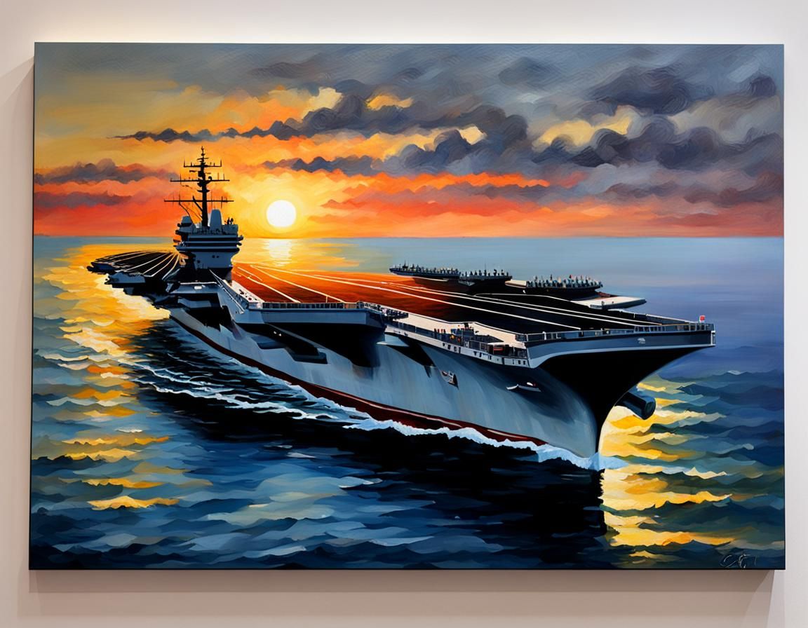 An oil painting of a modern US aircraft carrier sailing into the sunset. - AI Generated Artwork ...