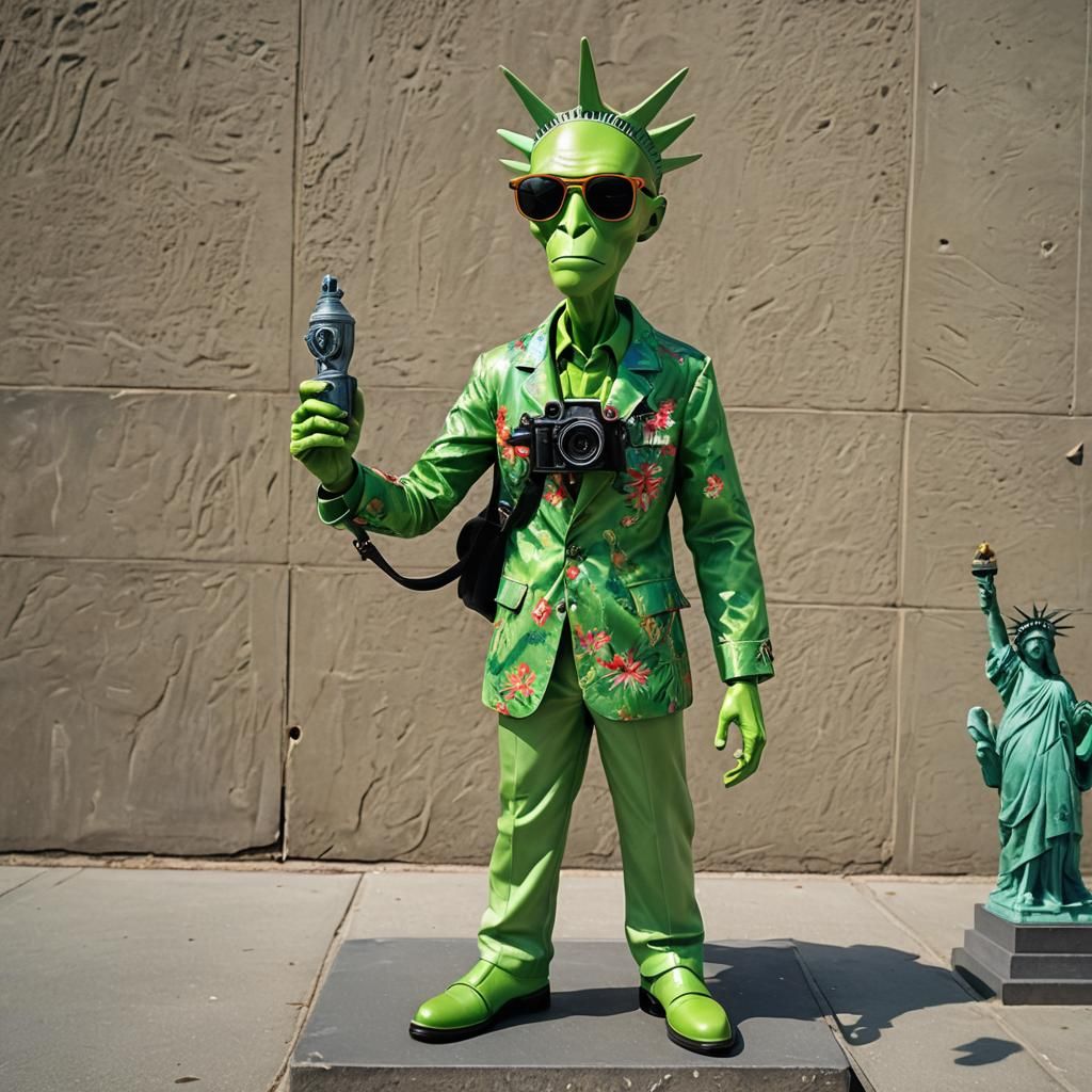 full length portrait of a green alien with sunglasses, with a Hawaiian ...