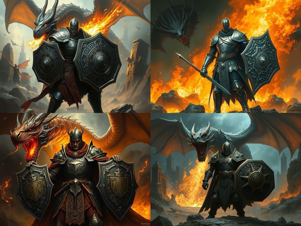 Epic Fantasy Warrior Defends Against Dragon's Fier... - AI Art