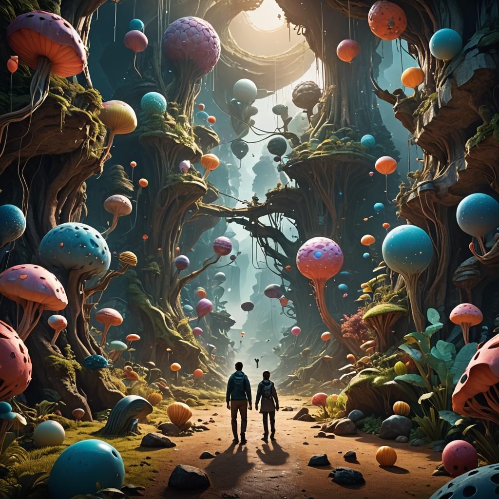 Envision a surreal, dreamlike scene, with CGI-generated objects and ...