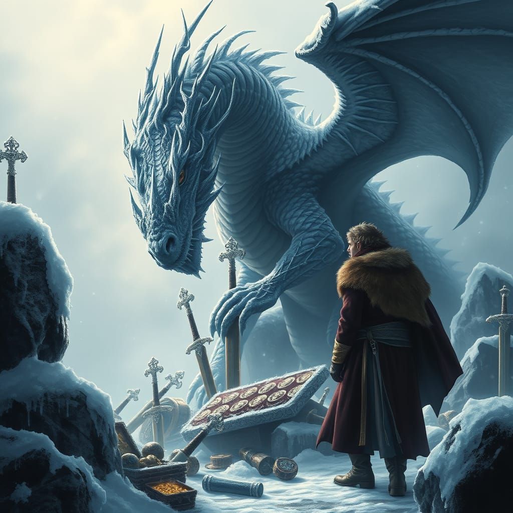 Majestic Icy Dragon Selling Valyrian Steel Swords ... - AI Art