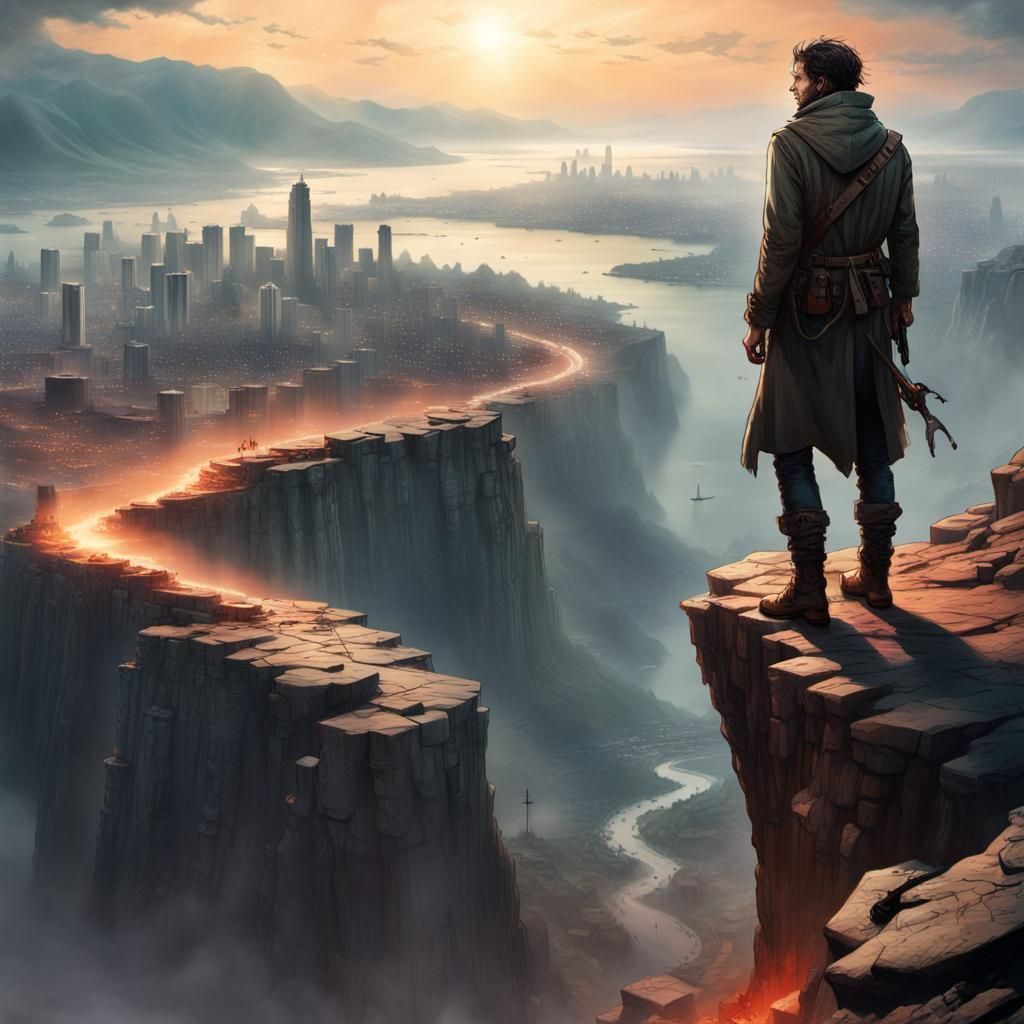 a man standing on top of a cliff overlooking a city, anamorphic lens ...