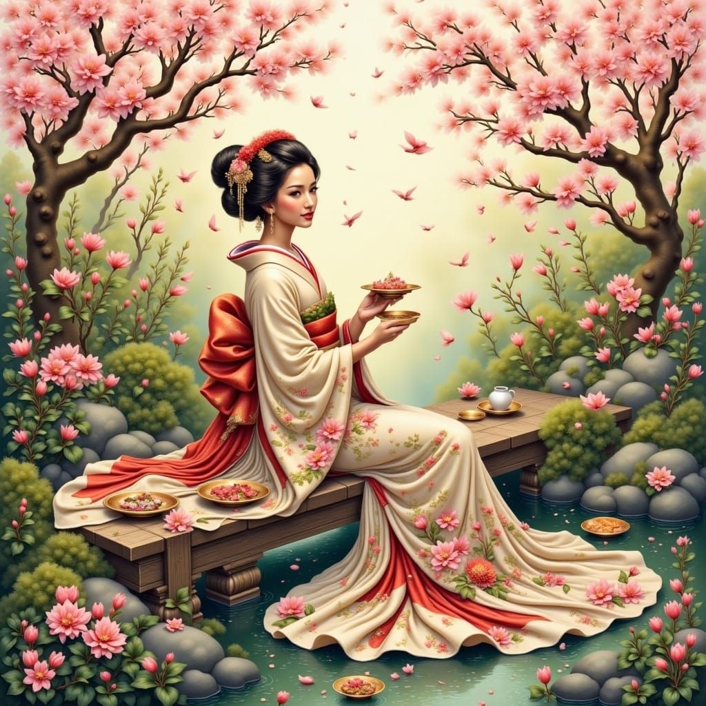 Beautiful Geisha in a Japanese Garden