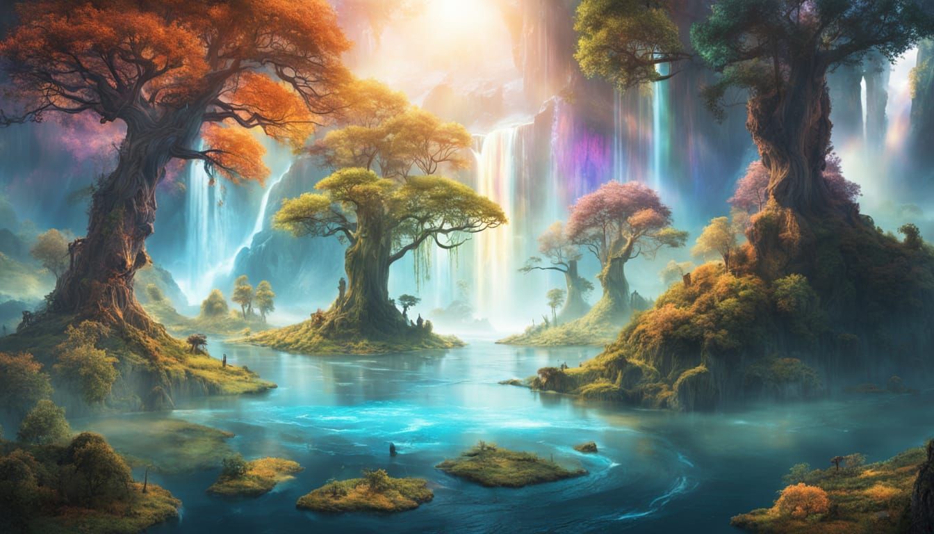 A vibrant sky, with cascading waterfalls that spill into glowing ...