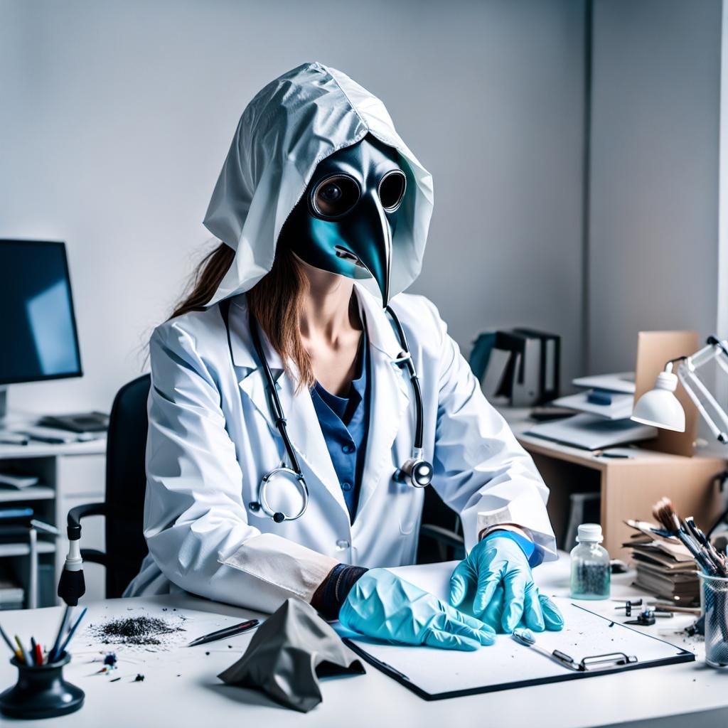 Female plague doctor sitting behind her messy desk - AI Generated ...
