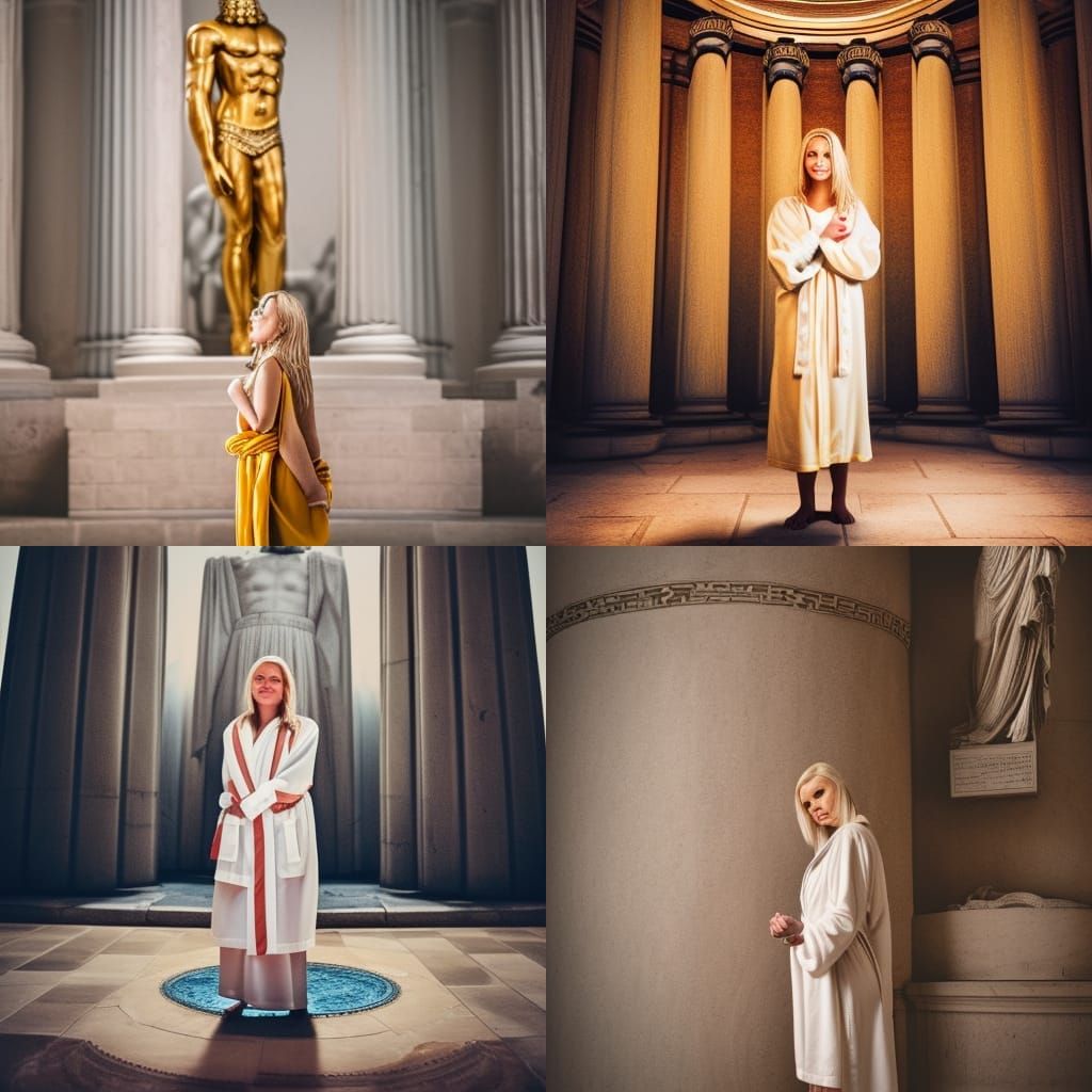 blonde Swedish girl wearing robe standing before a statue of Zeus in ...