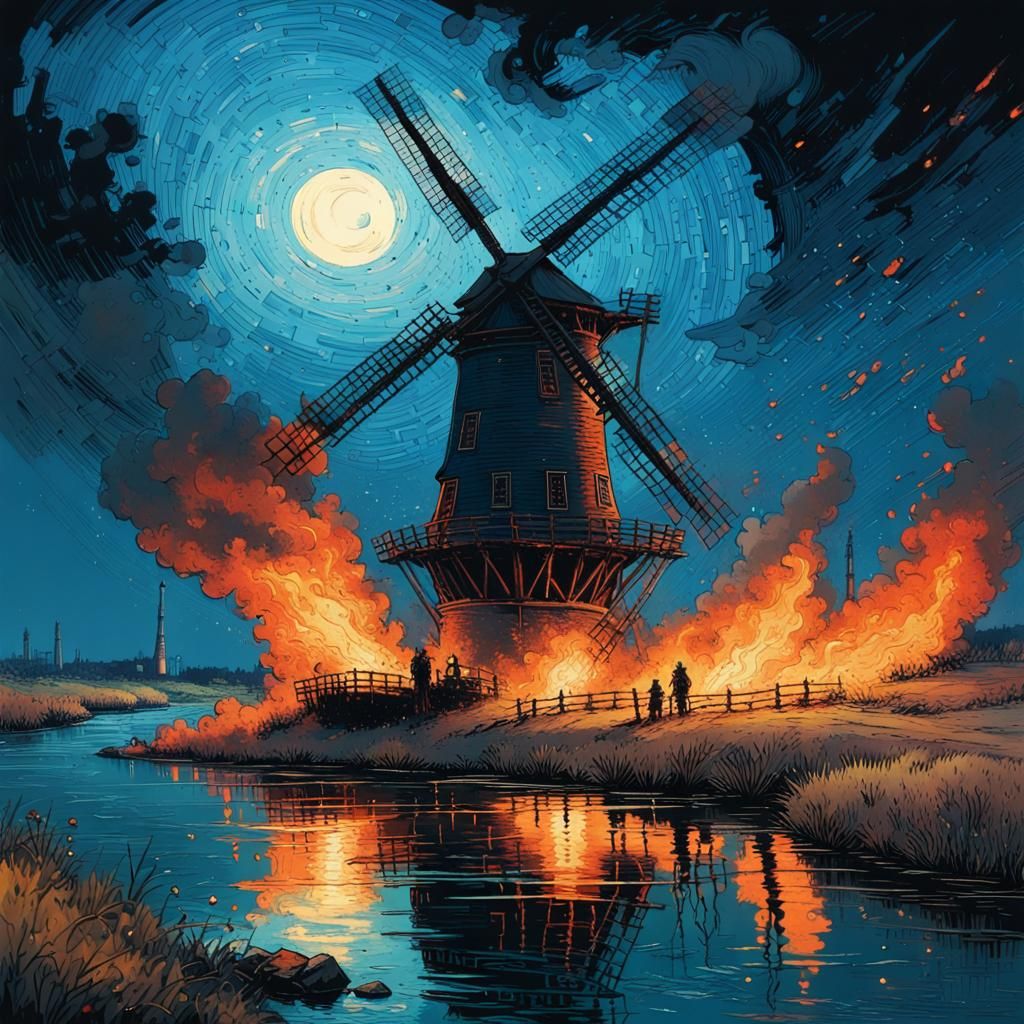 Windmill on fire - AI Generated Artwork - NightCafe Creator