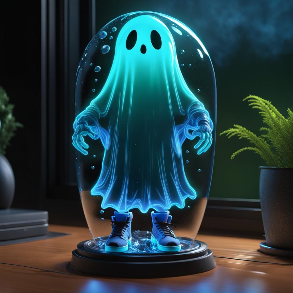 cute florescent , black light ,blue reflective soft glow on glass ghost ...