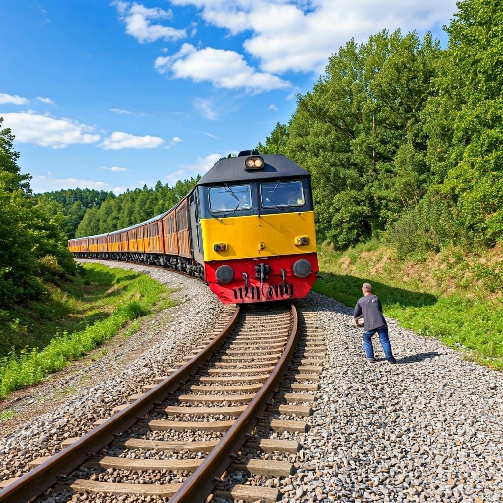 Runaway train rolling down a hill on the track, driver on ground panicking