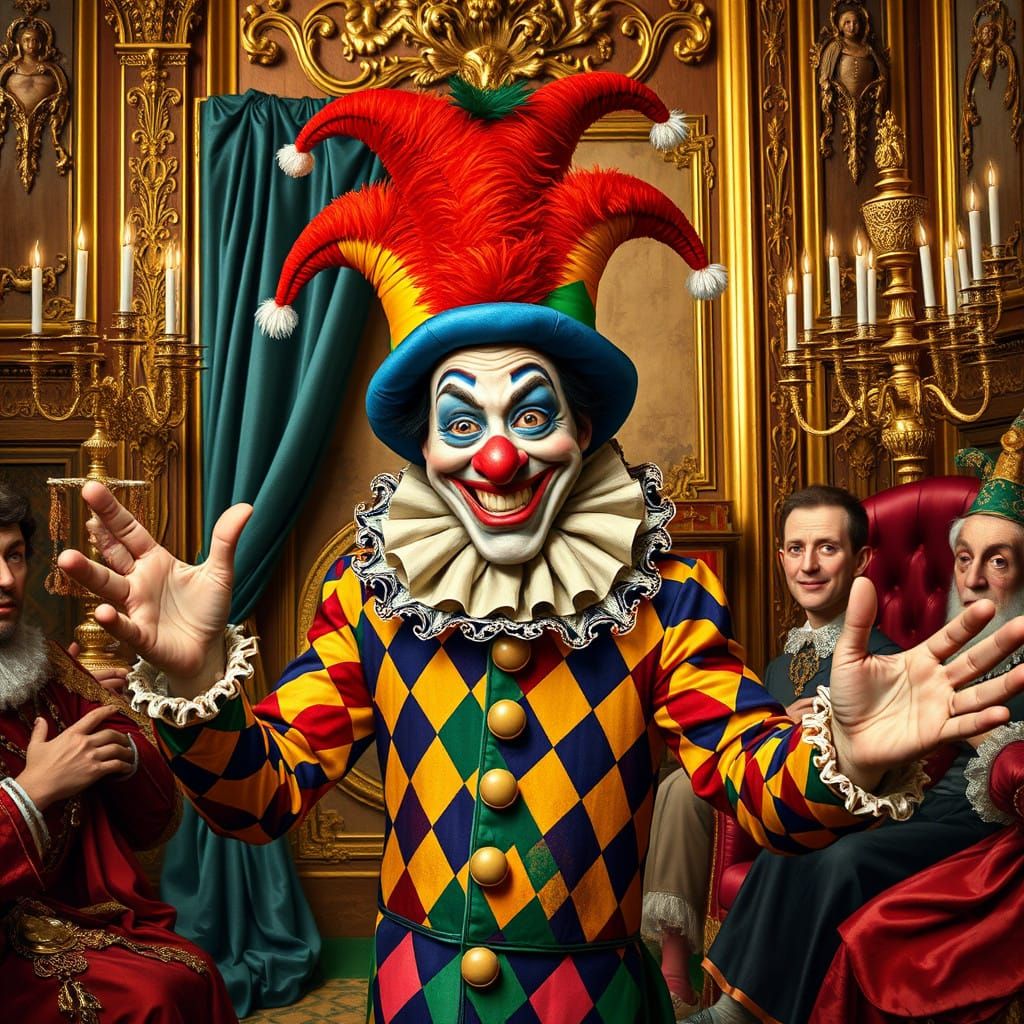 A jester playing the audience of court with silly acting