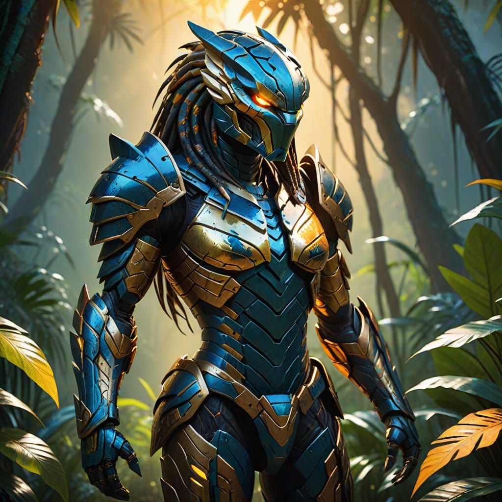 Fierce Female Predator in Cyberpunk Armor - AI Art