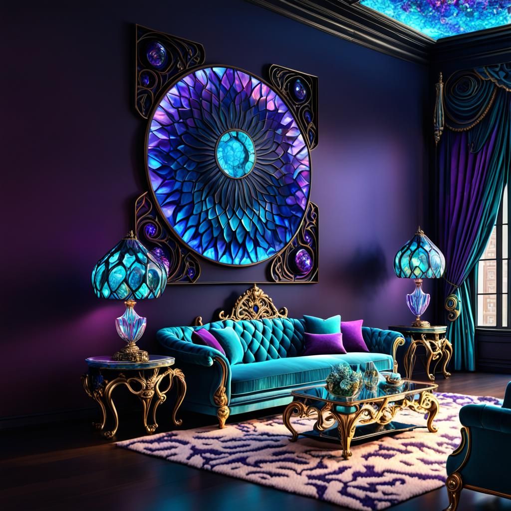 Eccentric eclectic living room with shimmery blue walls with purple holographic accents with ...