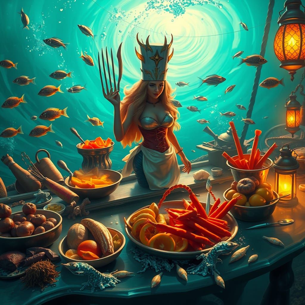 Mermaid chef seafood - Mystical Mermaid Chef in a Vibrant Un...