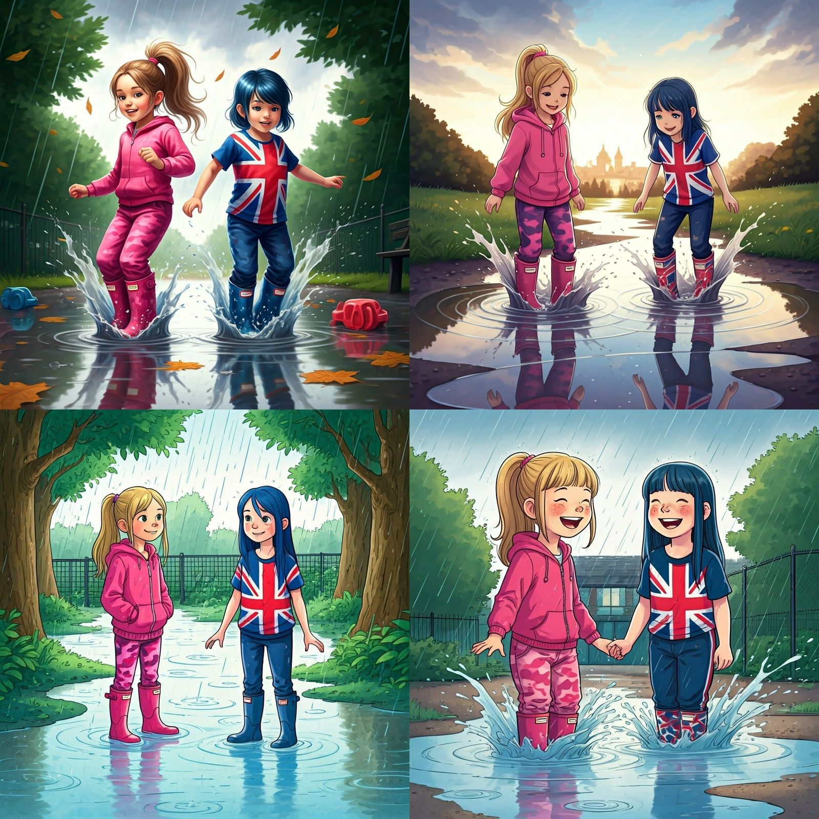 Giant Puddle Playground Scene with Two Girls - AI Art