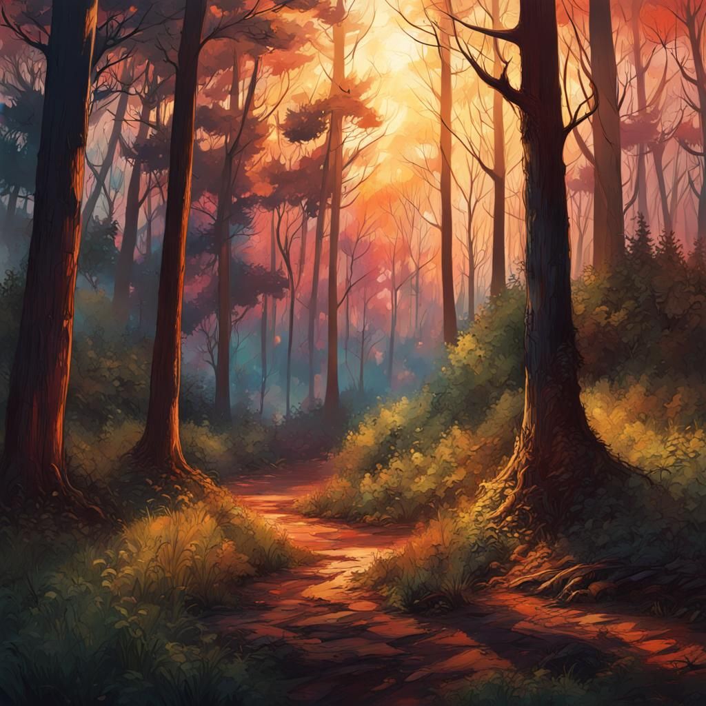 Atardecer en un bosque - AI Generated Artwork - NightCafe Creator