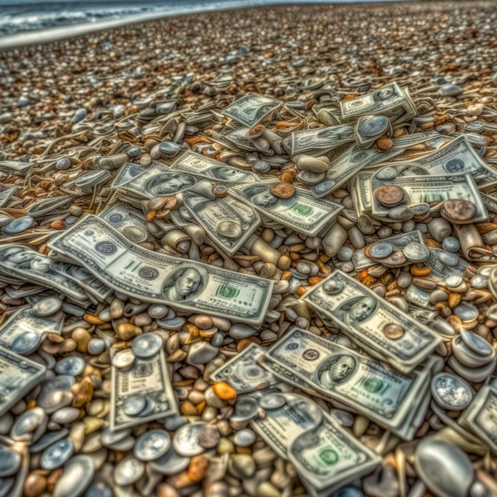 Money washed ashore and covering the beach, intricate details ...