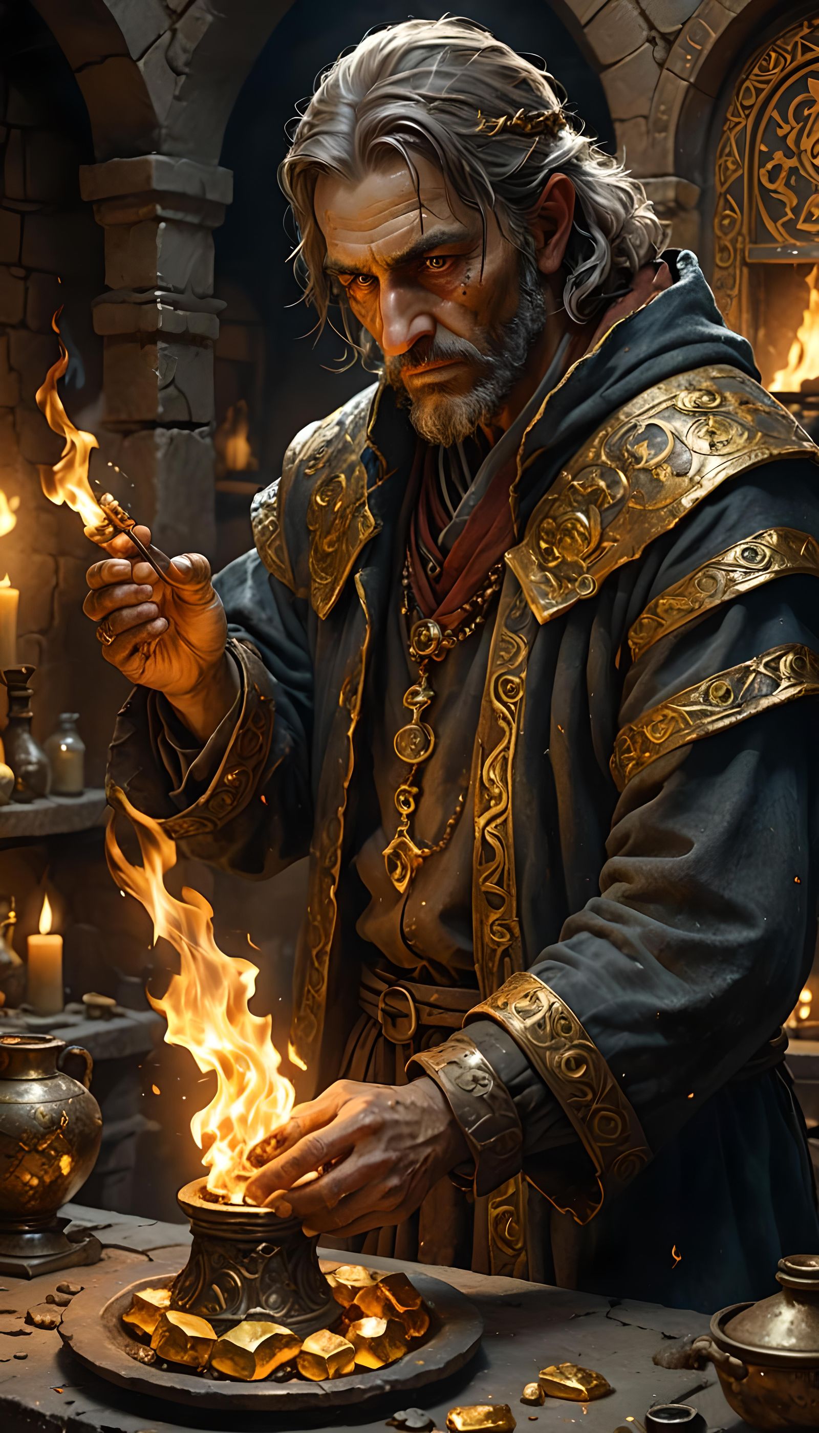 The alchemist stood before his ancient stone hearth, a blazing fire ...