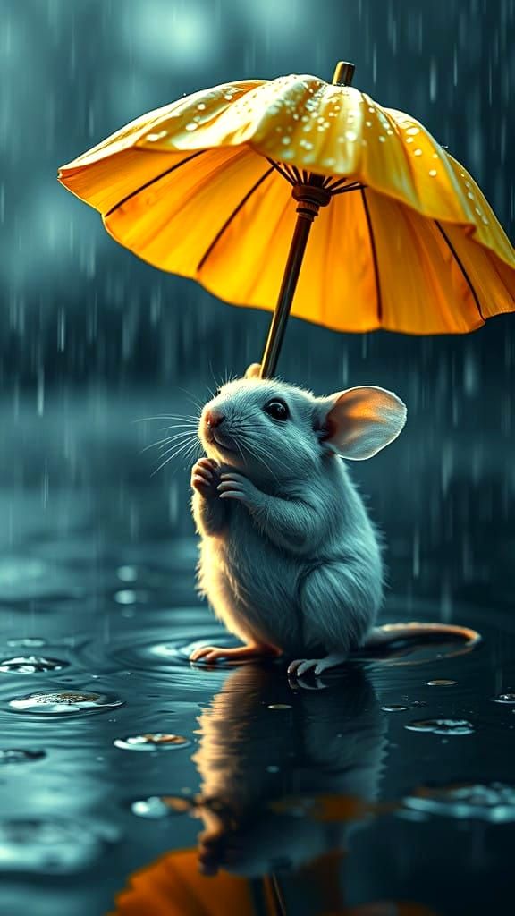 a drenched white old shivering Mice in the Rain
