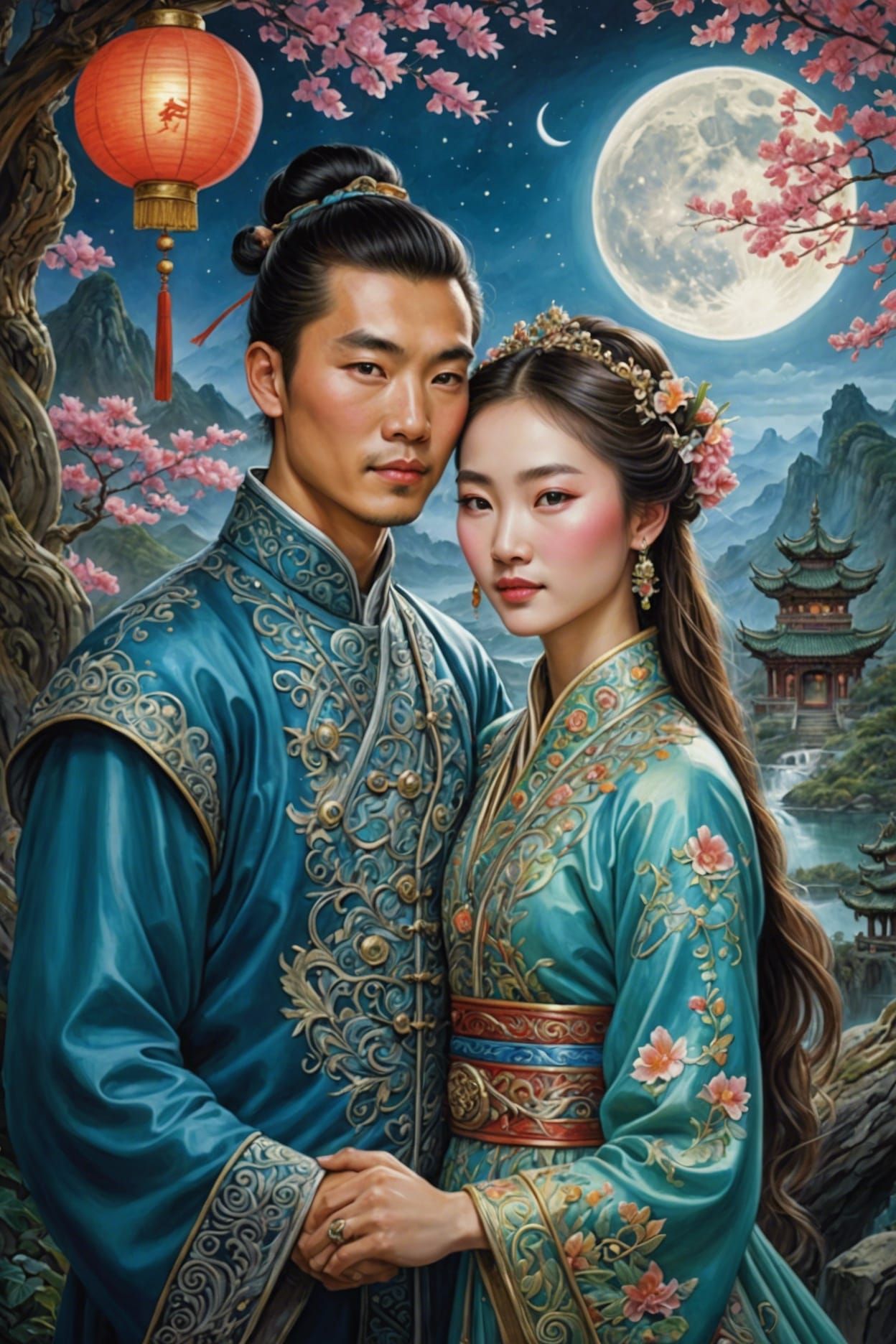 Beautiful Young Chinees Couple by Moonfall in a Fantasy World - AI ...