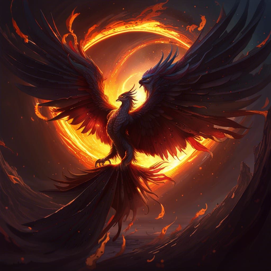 Phoenix, swooping down in an arc, eclipse in the background : r/nightcafe