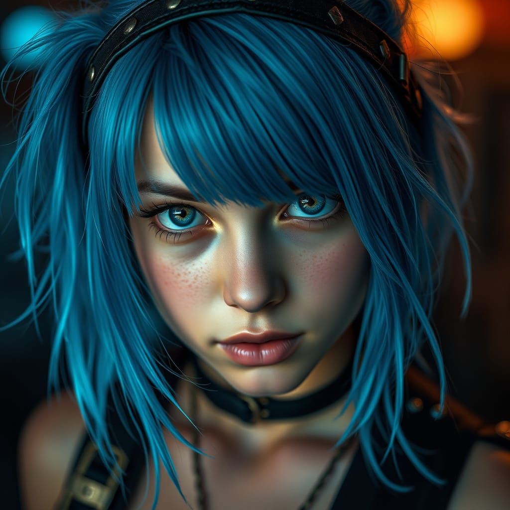 rebel girl with bright blue hair - Rebel Girl in Hyperrealis...