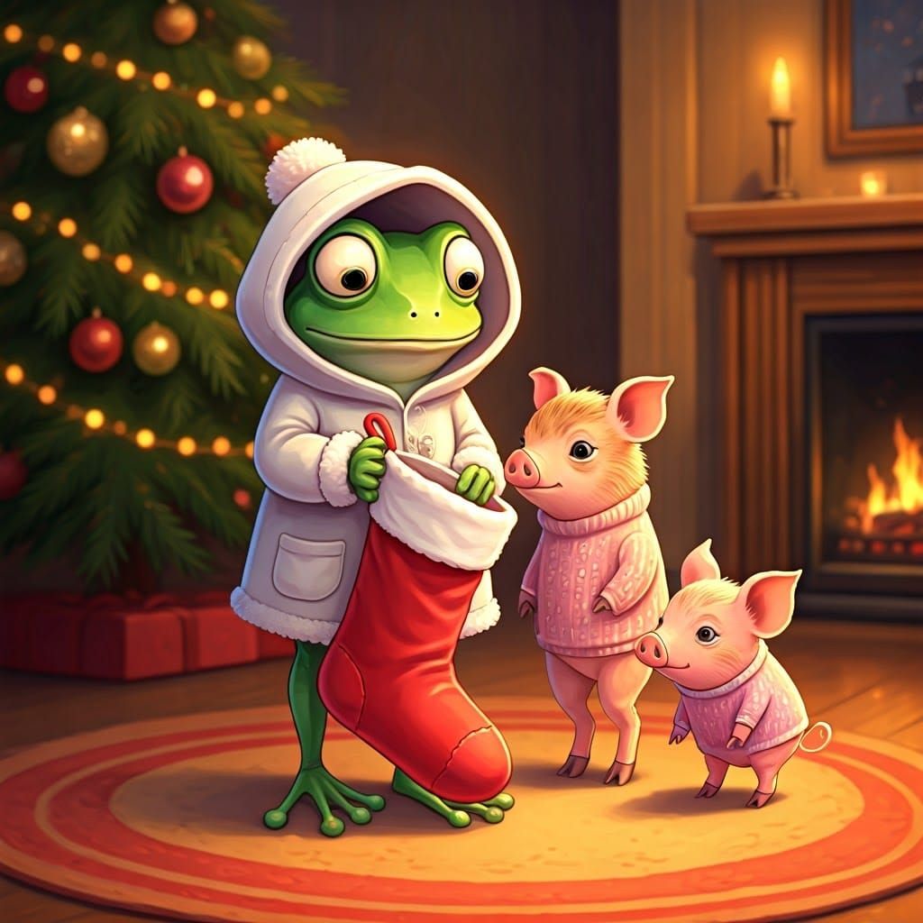 Piggy and Apple comfort a sad Froggy on Christmas