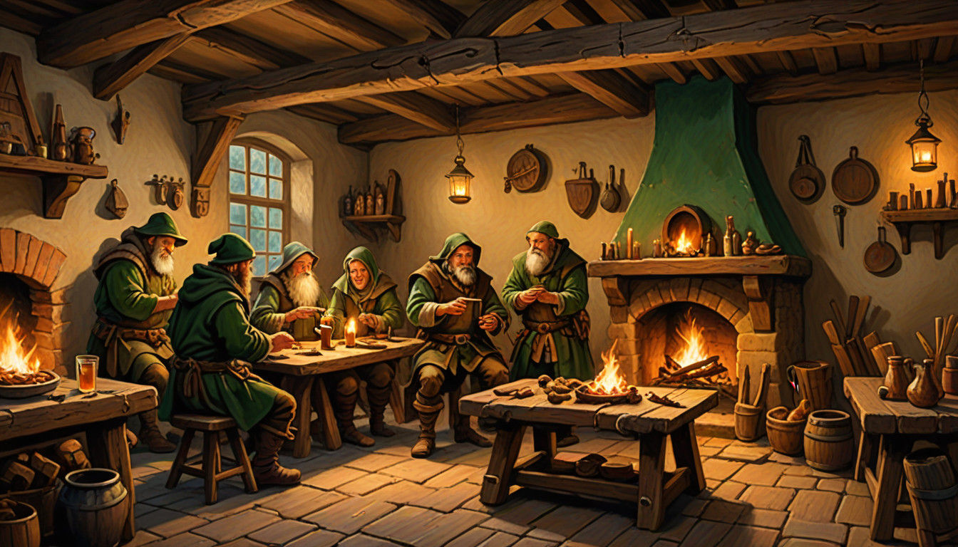 Medieval Tavern - Medieval Tavern Scene in Earthy Oil Painti...