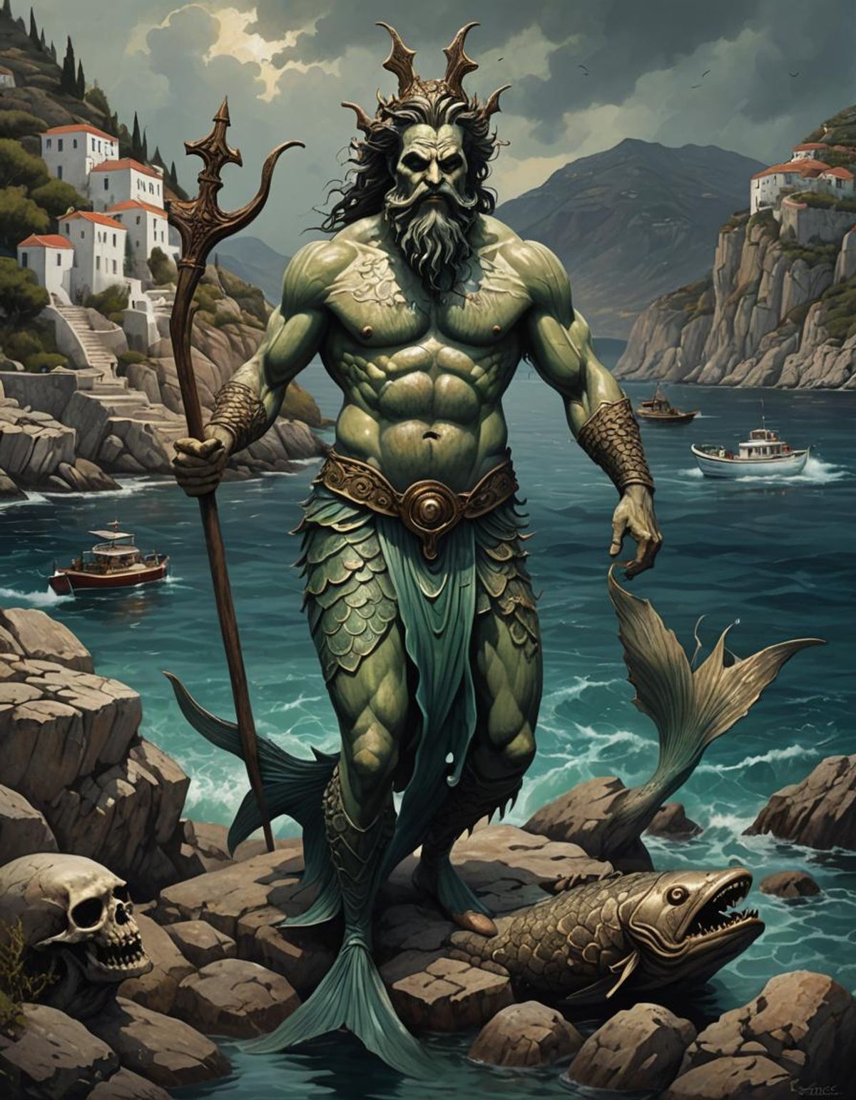 creepy horror greek islands folk-art traditional merman - AI Generated ...
