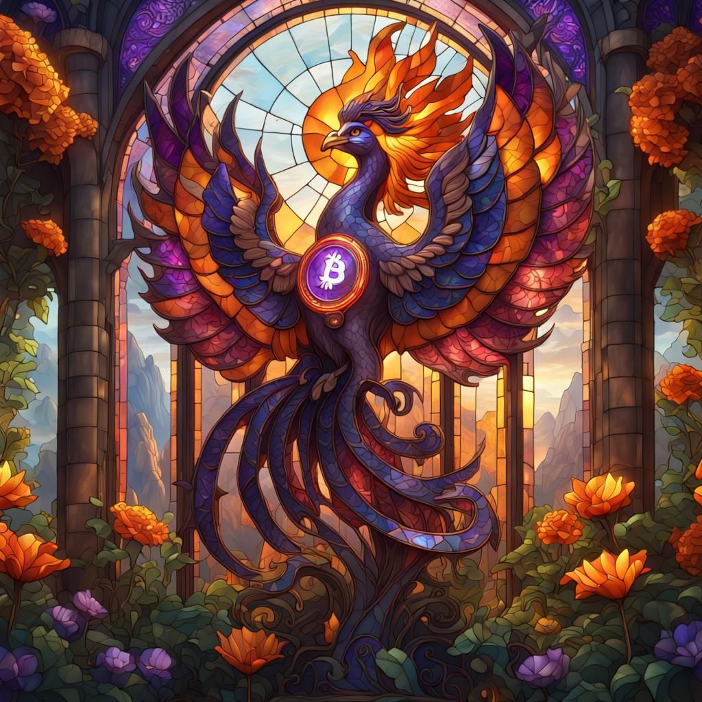 Stained Glass Bitcoin Phoenix - AI Generated Artwork - NightCafe Creator