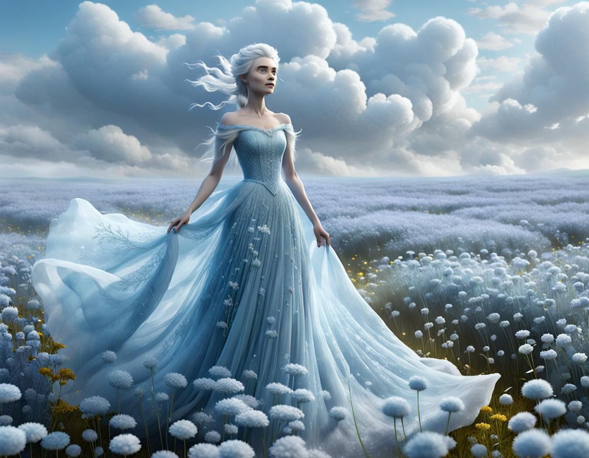 a woman in a light blue vaporous dress standing in a field of flowers ...