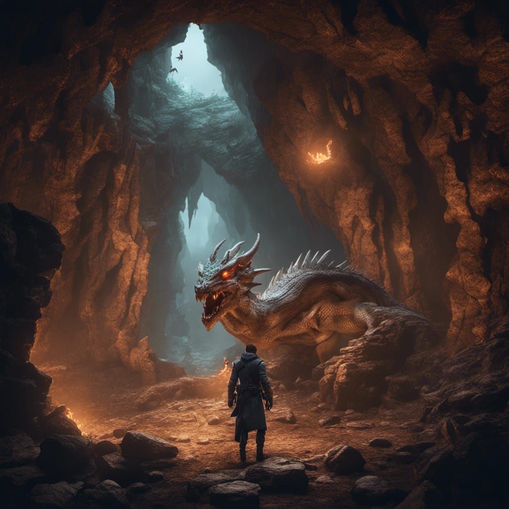 a dragon inside a cavern surprising a scared adventurer - AI Generated ...
