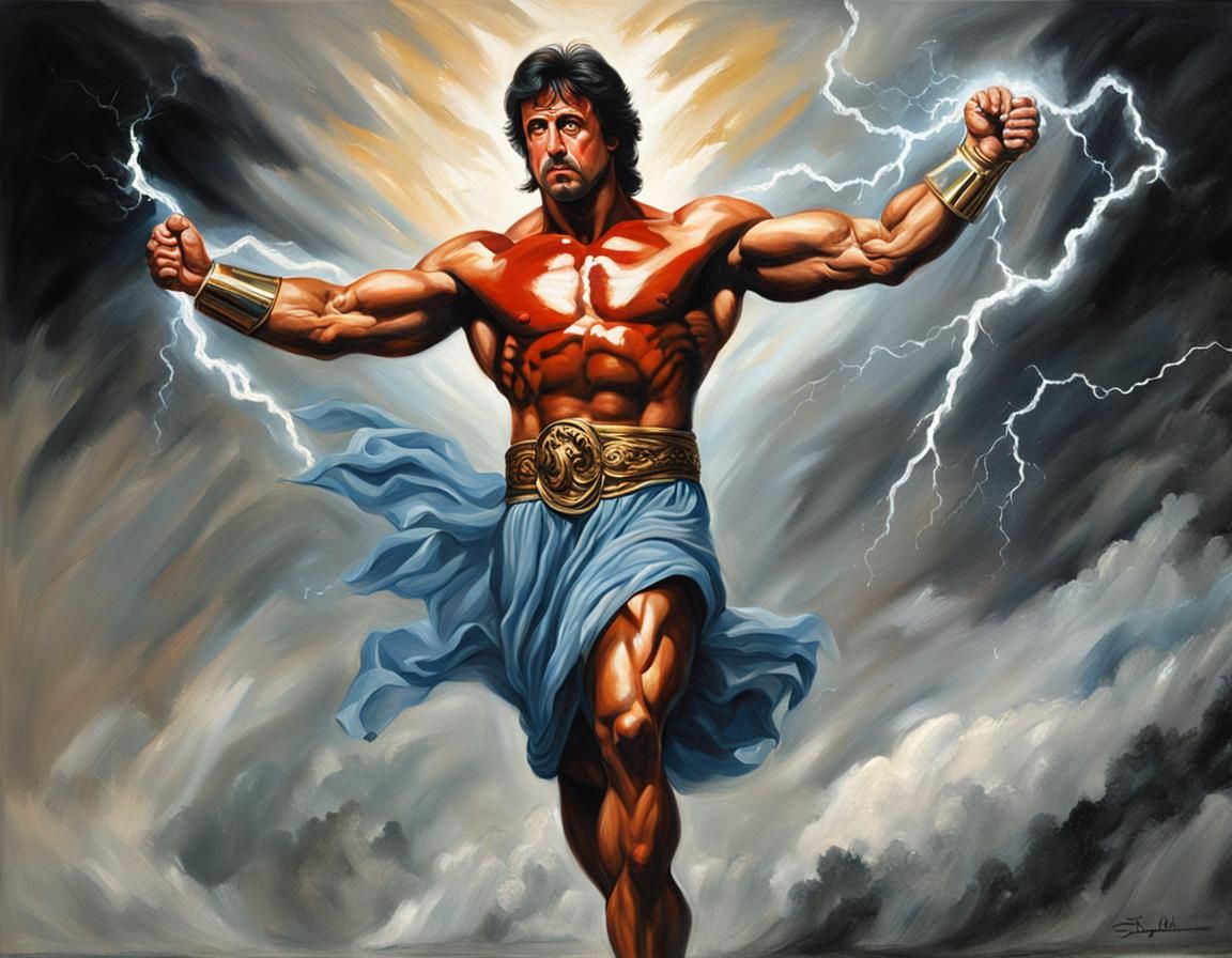 An oil painting of Sylvester Stallone as Zeus holding thunderbolt - AI Generated Artwork ...